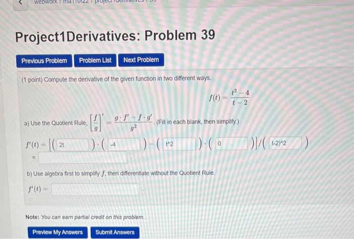 Solved (1 point) Compute the derivative of the given | Chegg.com