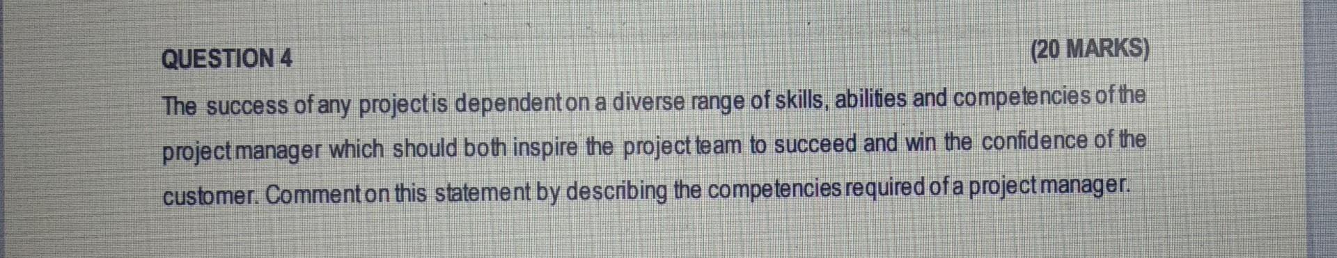 Solved QUESTION 4 (20 MARKS) The success of any project is | Chegg.com