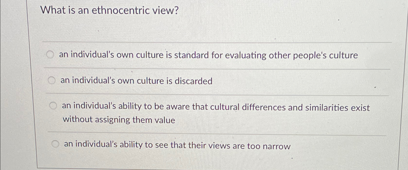 Solved What is an ethnocentric view?an individual's own | Chegg.com
