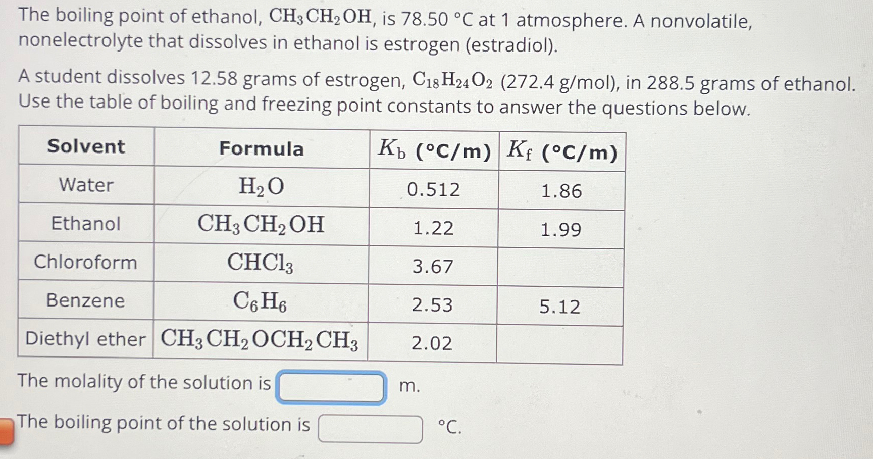 Solved The boiling point of ethanol, CH3CH2OH, ﻿is 78.50°C | Chegg.com
