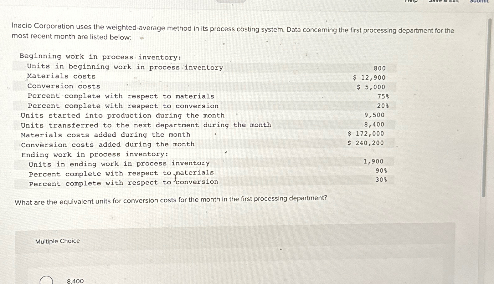 Solved Inacio Corporation uses the weighted-average method | Chegg.com