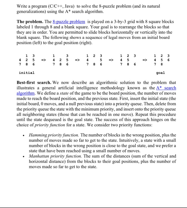 Solved Write a program (C/C++, Java) to solve the 8-puzzle | Chegg.com