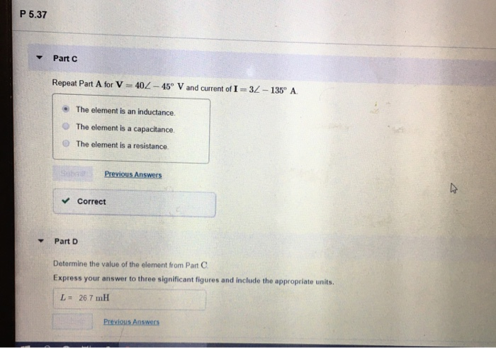 Solved 5.37 Part A A certain element has a phasor voltage of | Chegg.com