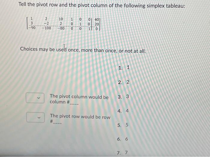 Solved tell the pivot row and the pivot column of the | Chegg.com