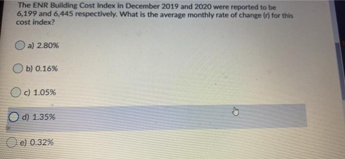 Solved The ENR Building Cost Index in December 2019 and 2020 | Chegg.com
