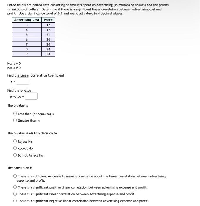 Solved Listed below are paired data consisting of amounts | Chegg.com