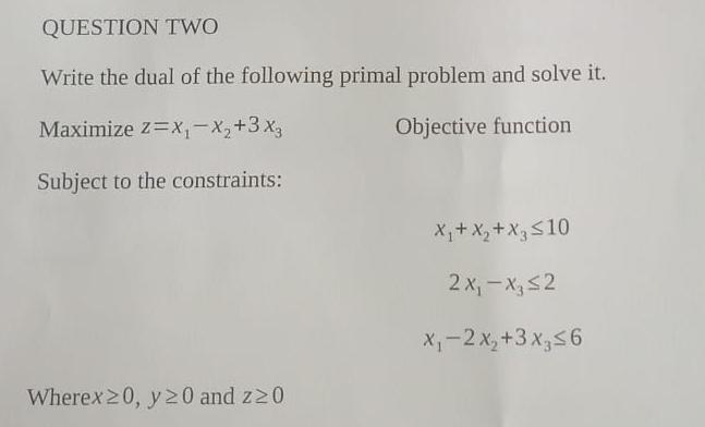 Solved QUESTION TWOWrite the dual of the following primal | Chegg.com