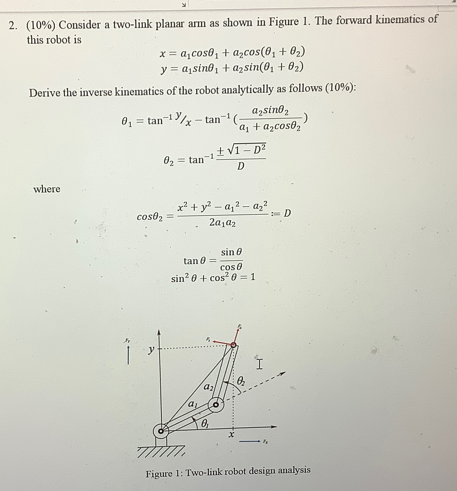 Solved (10%) ﻿Consider a two-link planar arm as shown in | Chegg.com