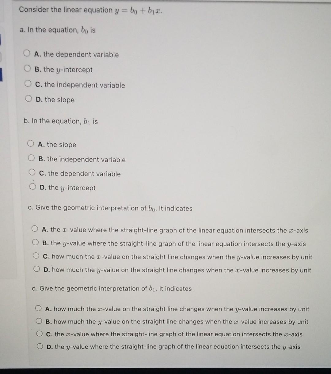Solved Consider the linear equation y=b0+b1x. a. In the | Chegg.com
