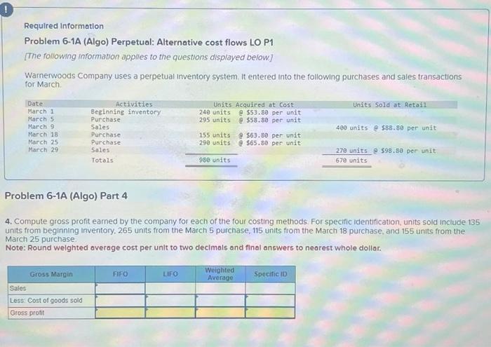 Solved Required information Problem 6-1A (Algo) Perpetual: | Chegg.com