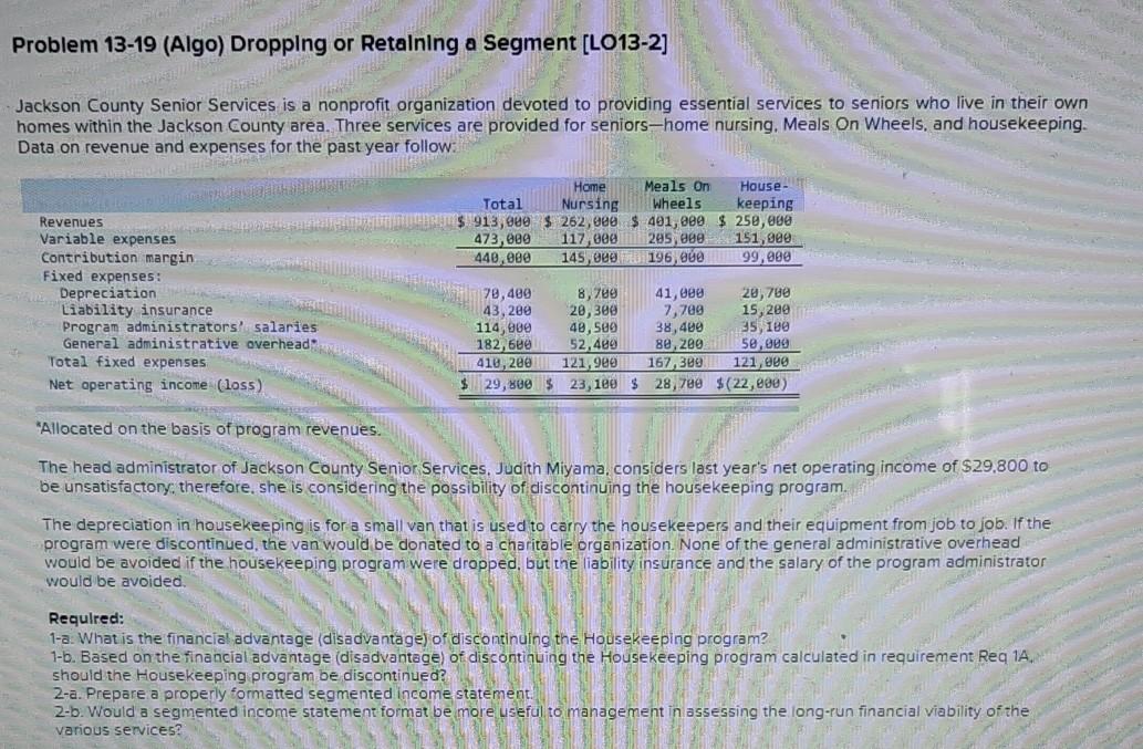 Solved Problem 13-19 (Algo) Dropping or Retalning a Segment | Chegg.com