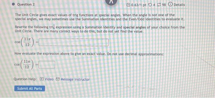 Solved The Unit Circle gives exact values of trig functions | Chegg.com