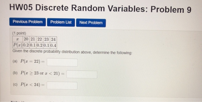 Solved HW05 Discrete Random Variables: Problem 9 Previous | Chegg.com