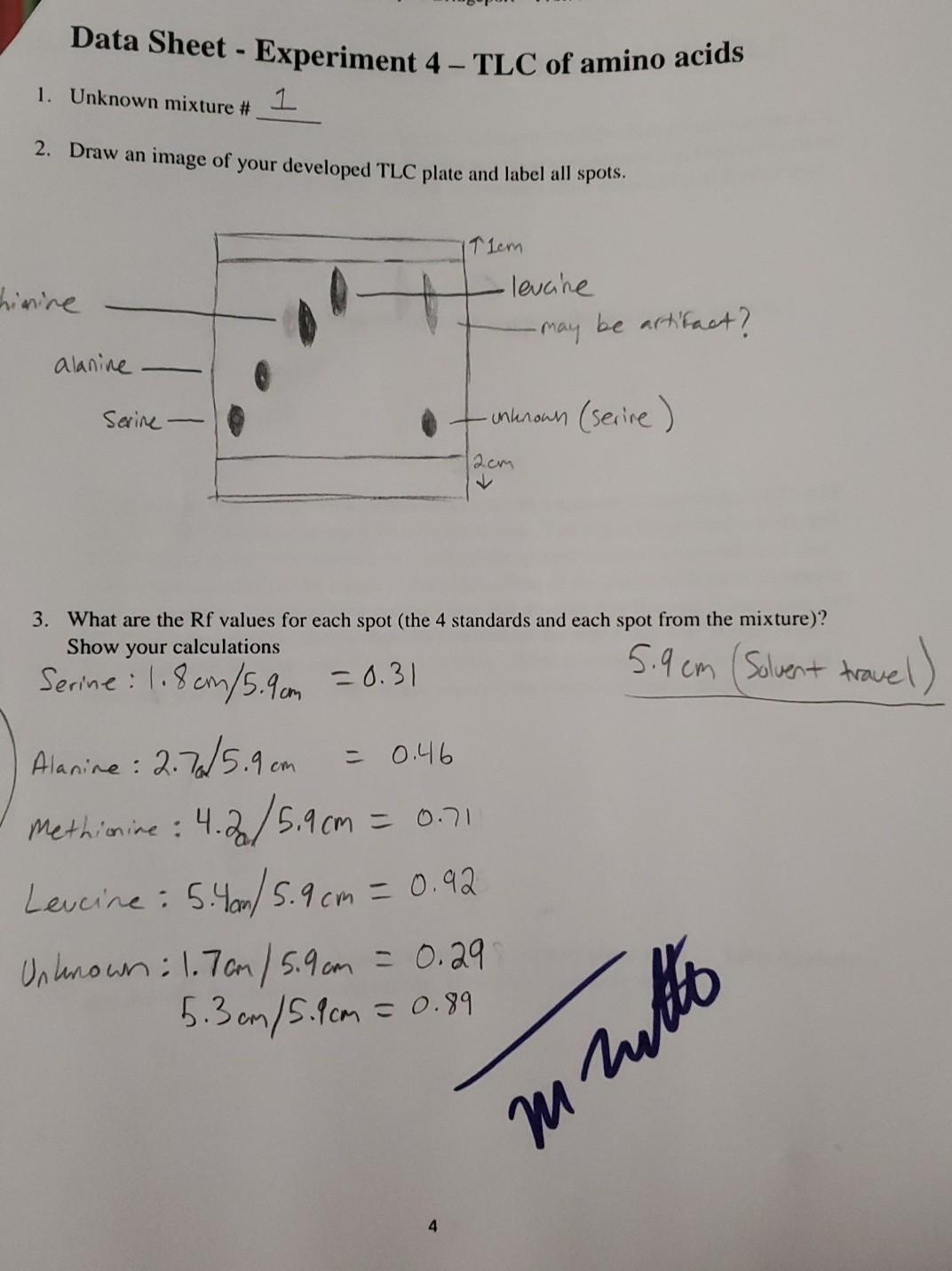 Solved Data Sheet - Experiment 4 - TLC of amino acids 1 1. | Chegg.com