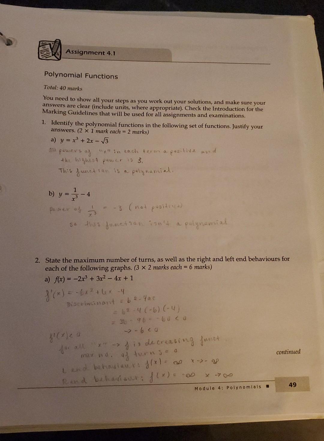 Solved Assignment 4.1 Polynomial Functions Total: 40 marks | Chegg.com