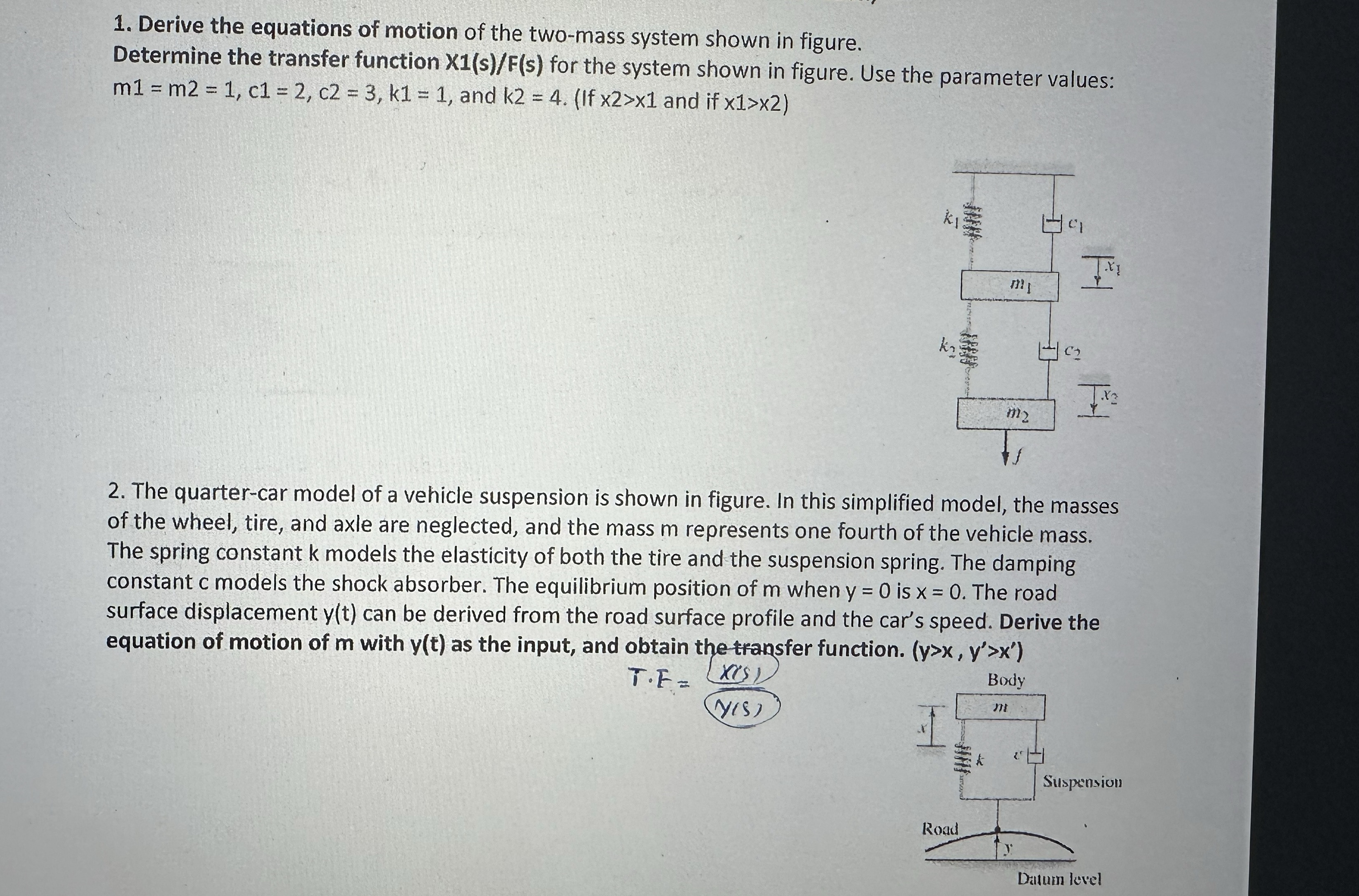 Solved Derive the equations of motion of the two-mass system | Chegg.com