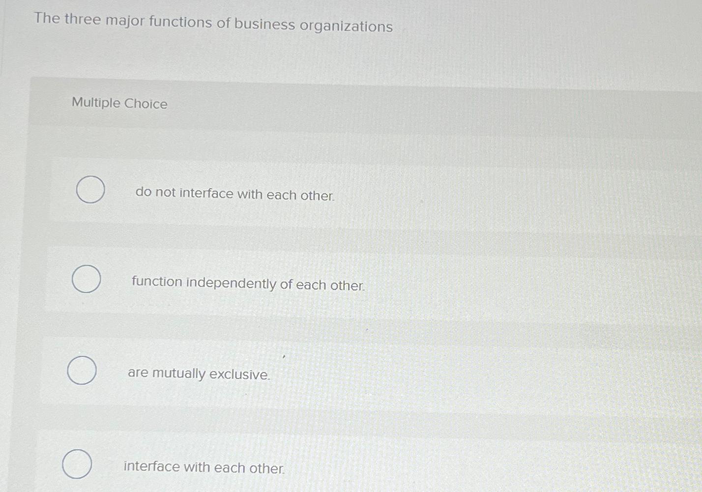 Solved The three major functions of business | Chegg.com
