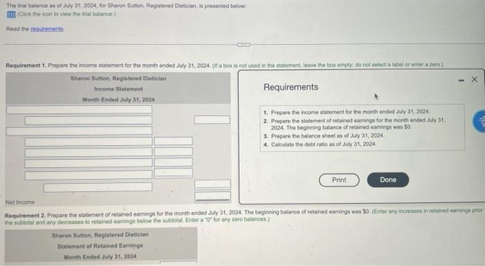 The trial balance as of July 31, 2024, for Sharon | Chegg.com