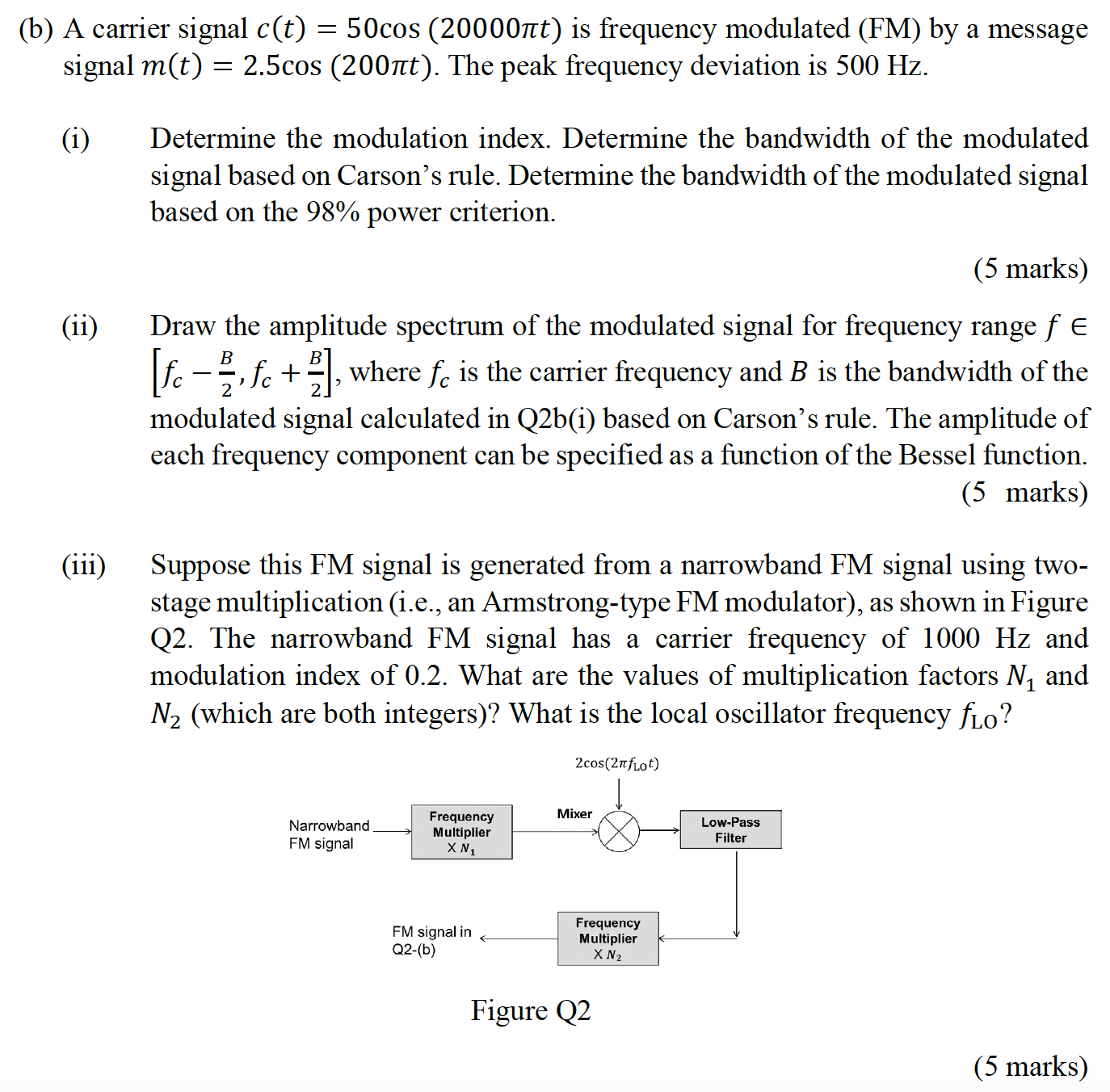 (b) ﻿A carrier signal c(t)=50cos(20000πt) ﻿is | Chegg.com