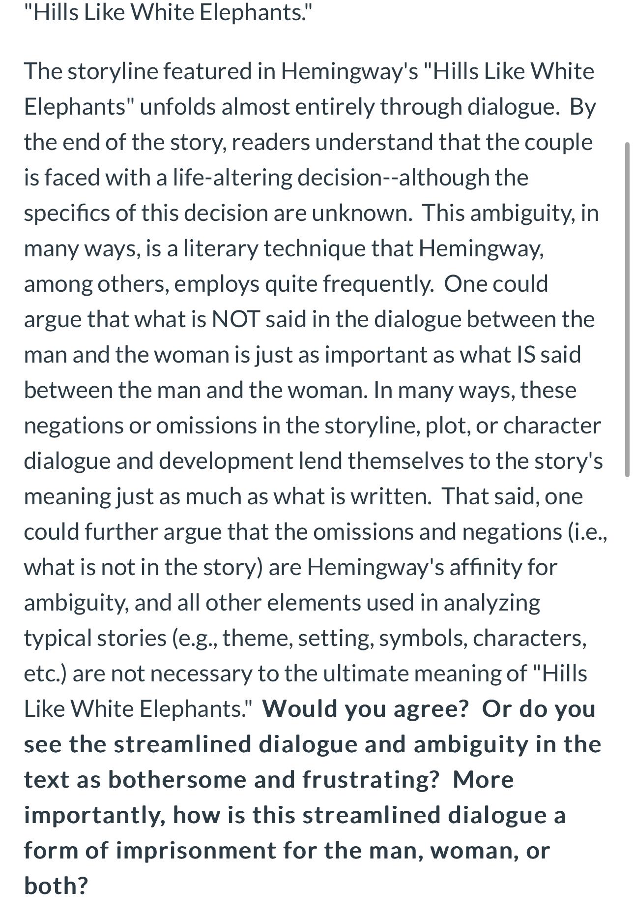 Solved "Hills Like White Elephants."The storyline featured | Chegg.com