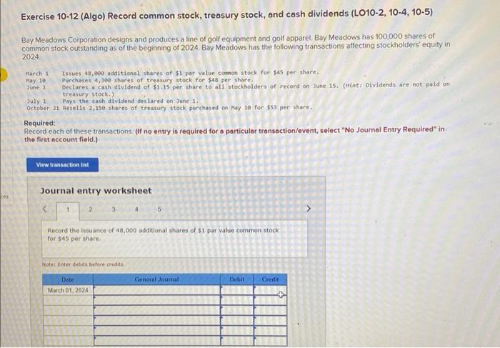 Solved Exercise 10-12 (Algo) Record common stock, treasury | Chegg.com