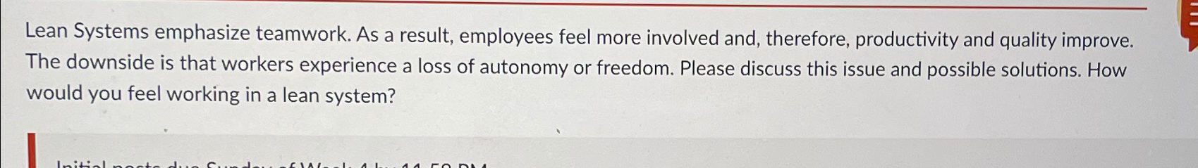 Solved Lean Systems emphasize teamwork. As a result, | Chegg.com