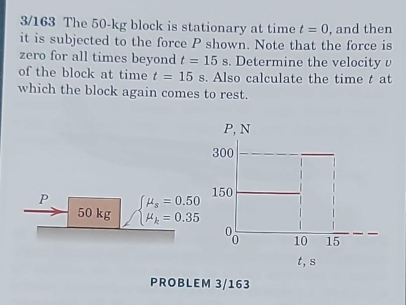Solved 3/163 The 50−kg block is stationary at time t=0, and | Chegg.com