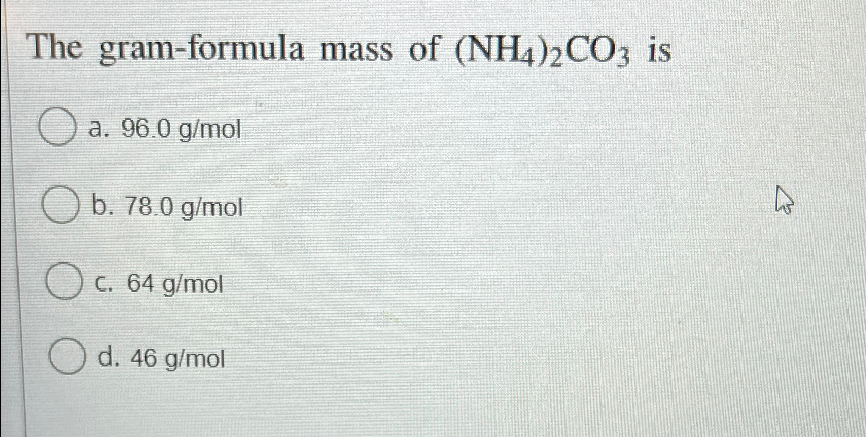 Solved The gram-formula mass of (NH4)2CO3 | Chegg.com