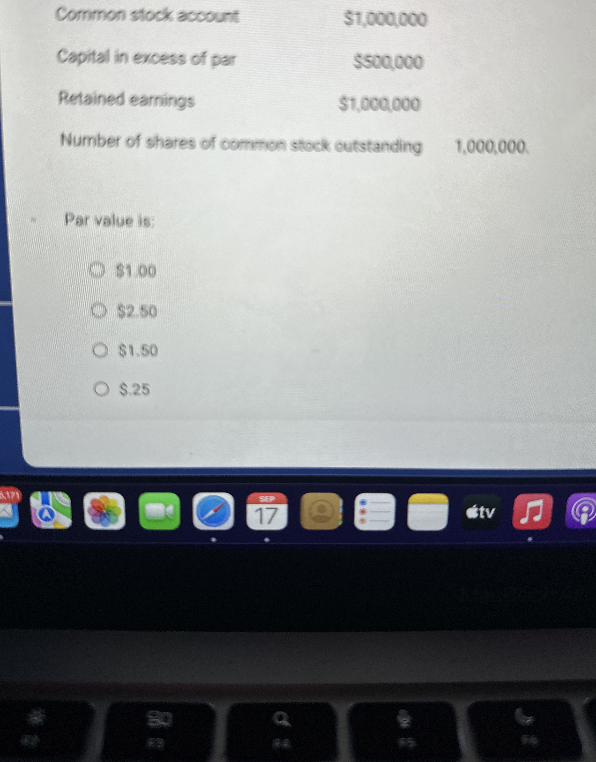 Solved Common stock account$1,000,000Capital in excess of | Chegg.com