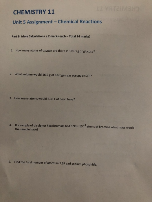 Solved CHEMISTRY 11 Unit 5 Assignment - Chemical Reactions | Chegg.com