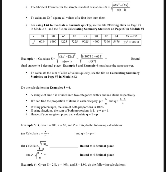 Solved Using Formulas to Calculate Summary Statistics: | Chegg.com