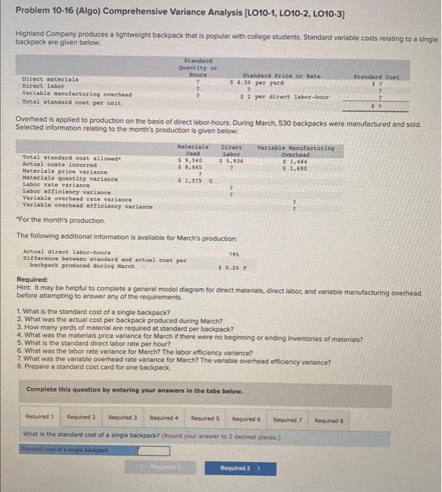 Solved Problem 10-16 (Algo) Comprehensive Variance Analysis | Chegg.com