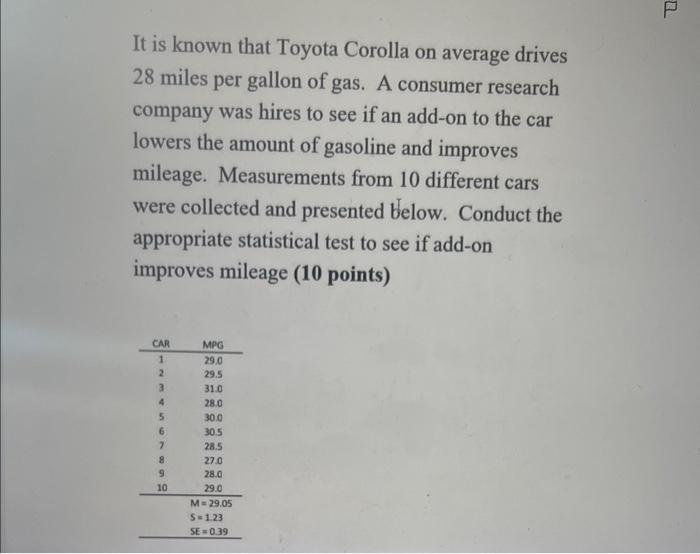 Solved It is known that Toyota Corolla on average drives 28 | Chegg.com