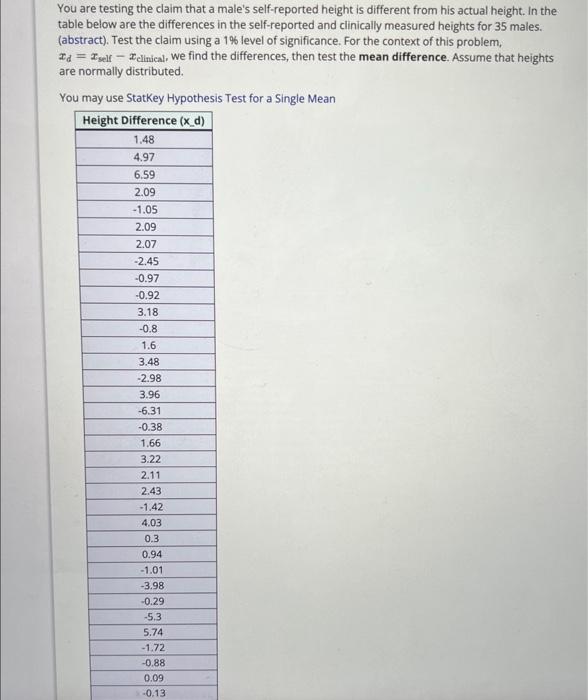 [Solved]: You are testing the claim that a male's self-