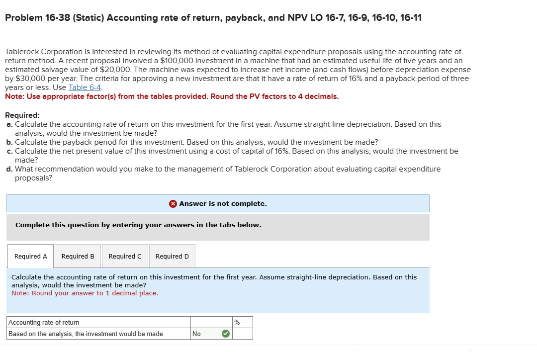Problem 16-38 (Static) ﻿Accounting rate of return, | Chegg.com