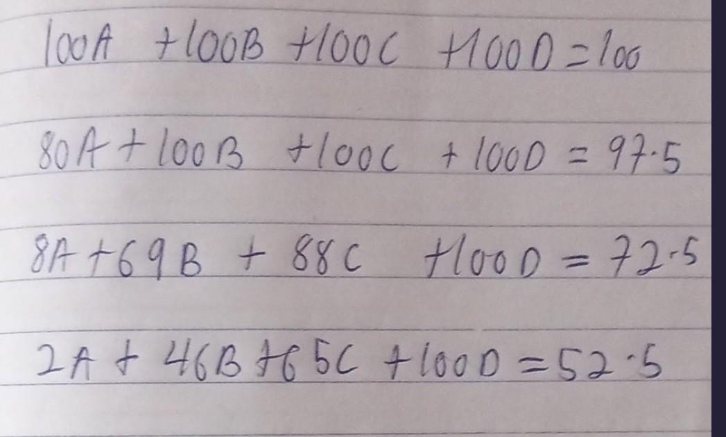 Solved 100A+100B+100C+100D=10080A+100B+100C+1000=97.58A+69B+ | Chegg.com