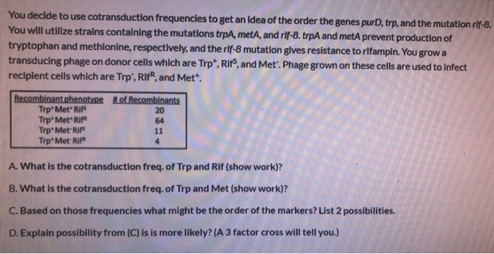 Solved You decide to use cotransduction frequencies to get | Chegg.com