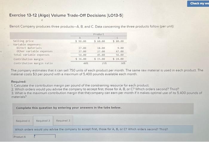 Solved Exercise 13-12 (Algo) Volume Trade-Off Decisions | Chegg.com
