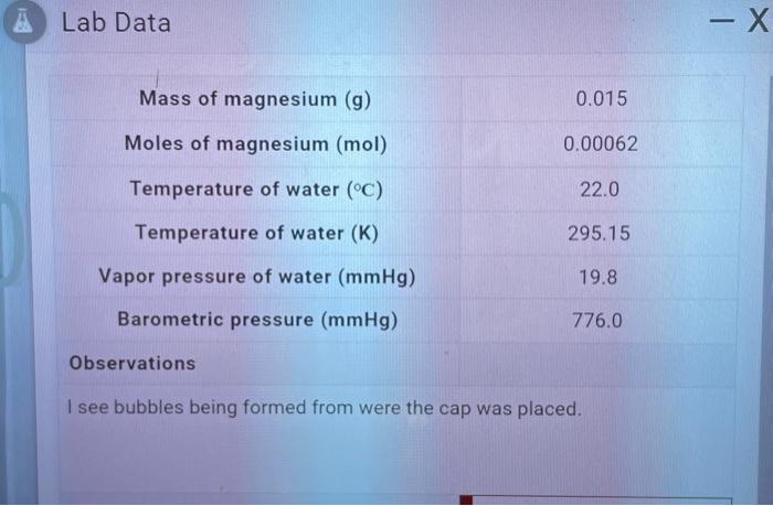 Solved Lab DataVolume of hydrogen gas collected (mL) Volume | Chegg.com Solved Lab DataVolume of hydrogen gas collected (mL) Volume | Chegg.com