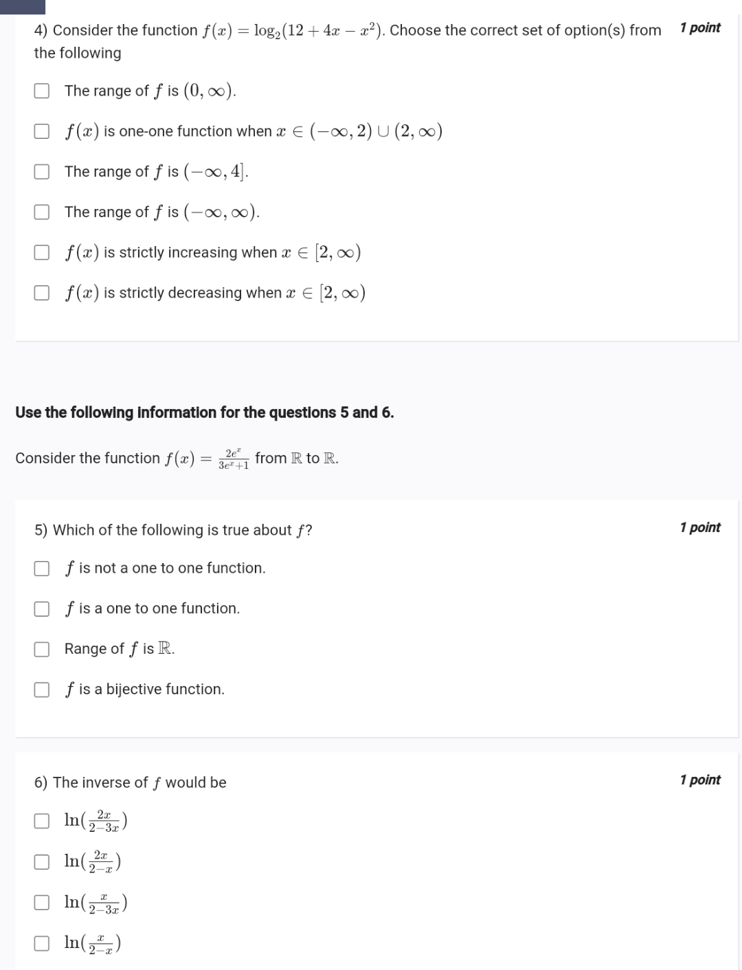 Solved = 1 point 4) Consider the function f (x) = log2 (12 + | Chegg.com
