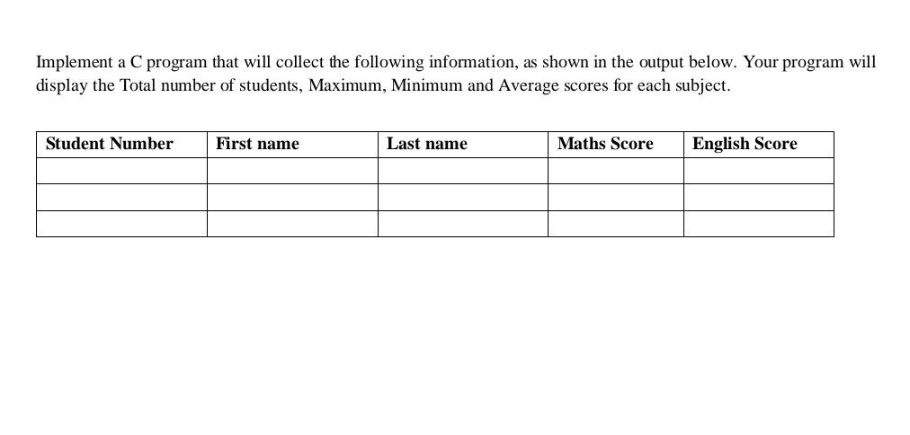 Solved Implement a C program that will collect the following | Chegg.com