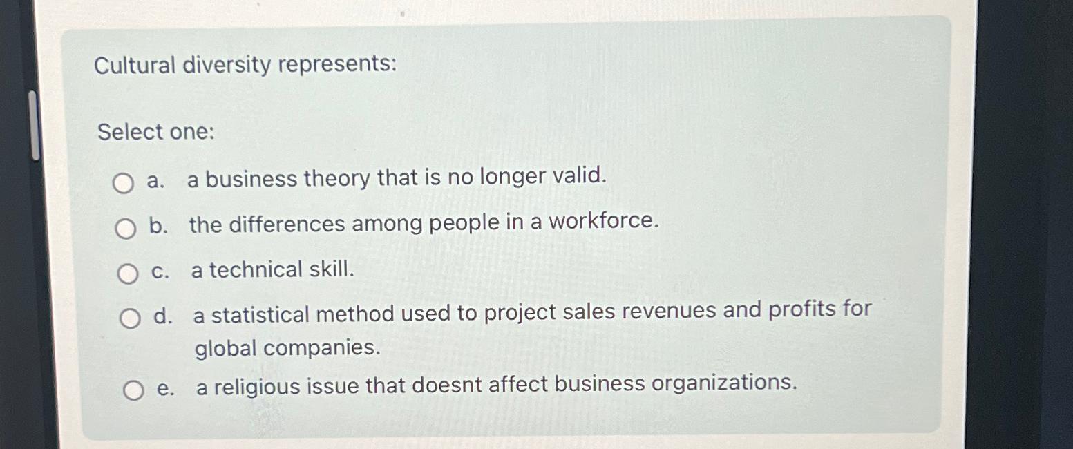 Solved Cultural diversity represents:Select one:a. ﻿a | Chegg.com