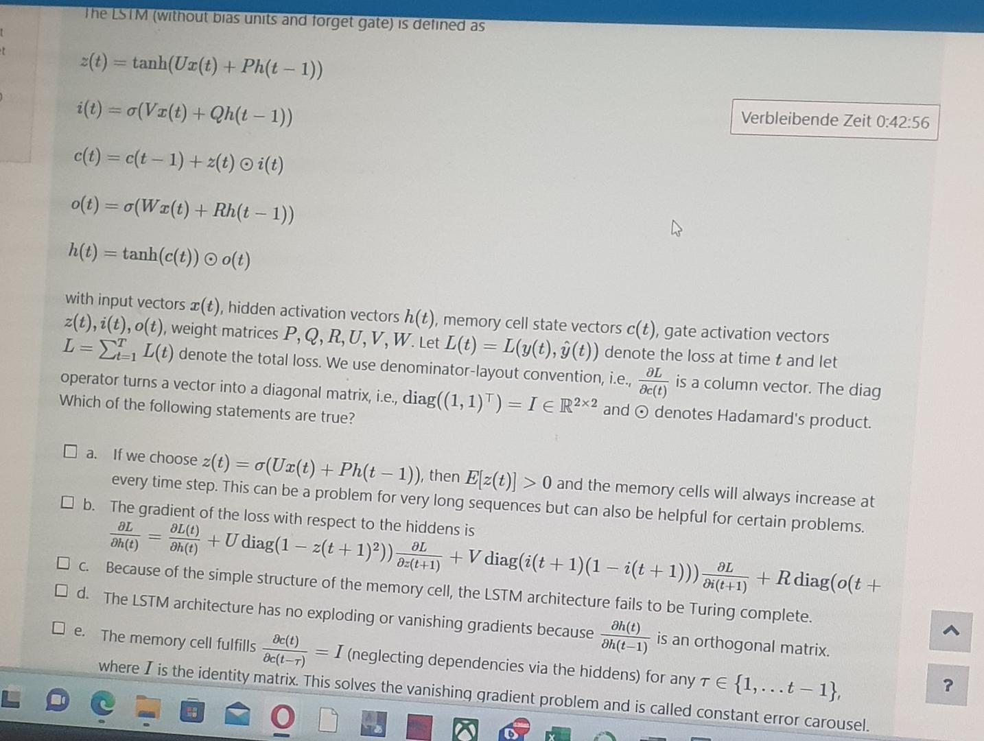 Solved The LSTM (without bras units and forget gate) ﻿is | Chegg.com