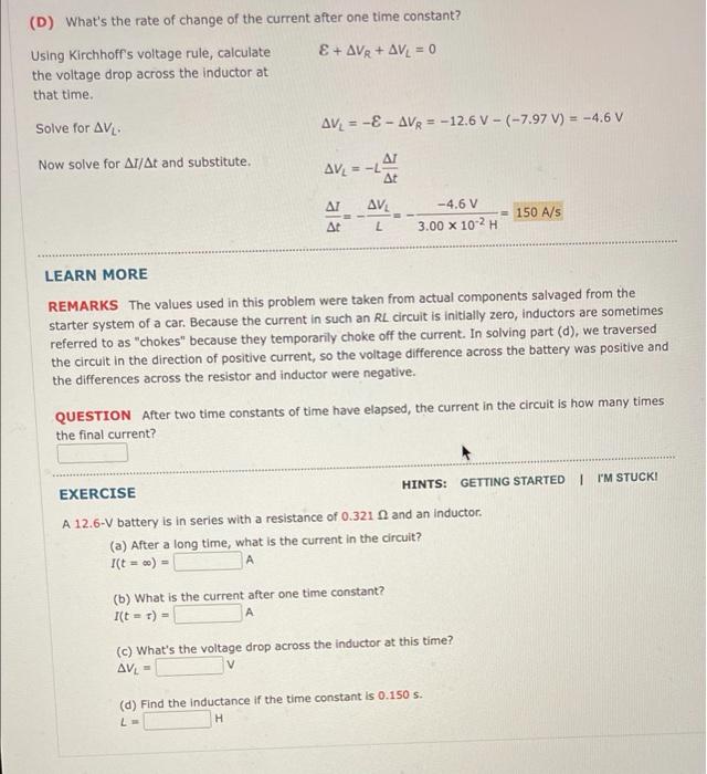 Solved (D) What's the rate of change of the current after | Chegg.com