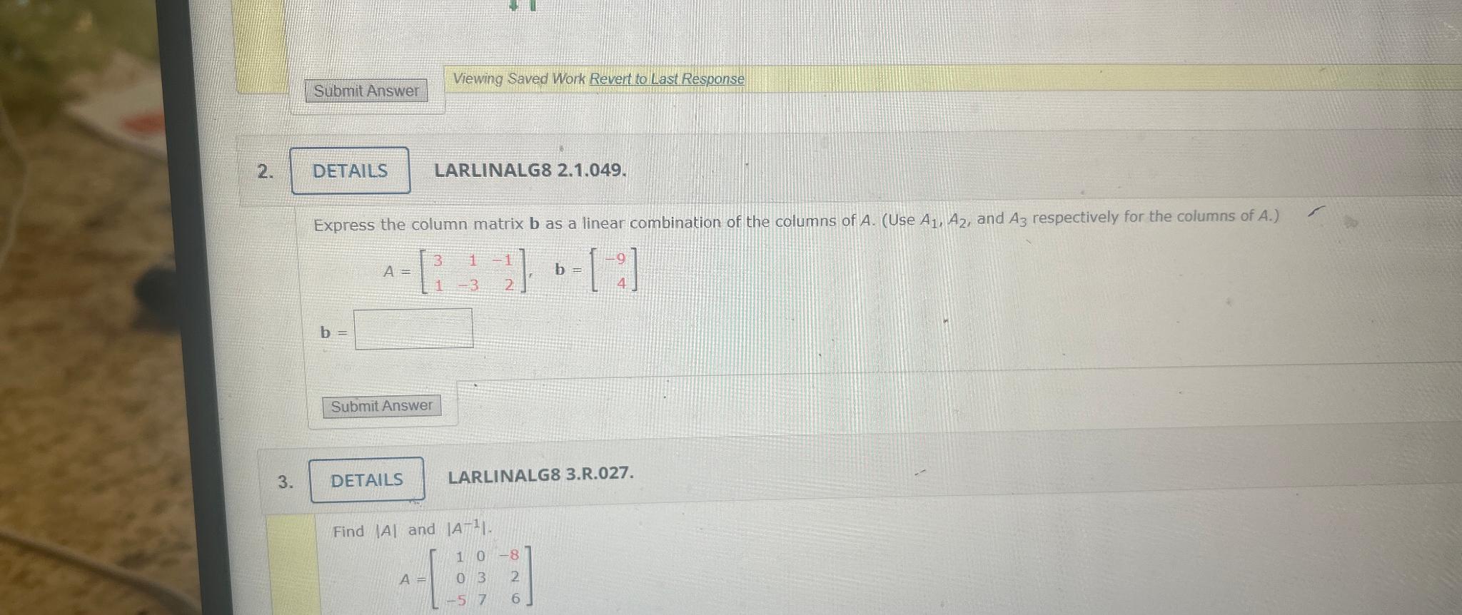 Solved Submit Answer\\nViewing Saved Work Revert to Last | Chegg.com