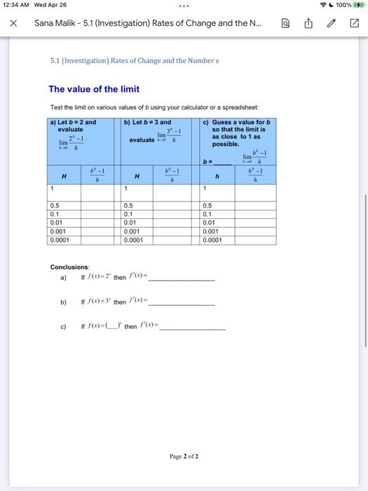 Solved 5.1 (Investigation) Rates of Change and the Number e | Chegg.com