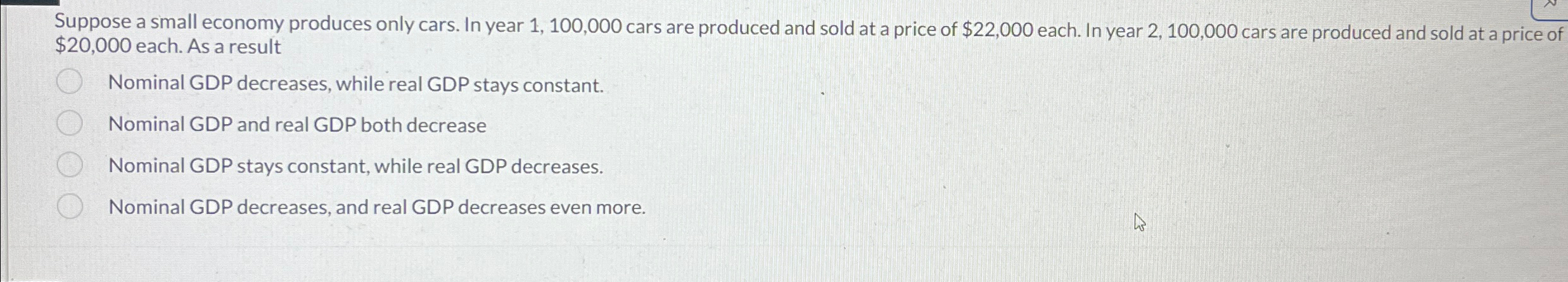 Solved Suppose a small economy produces only cars. In year | Chegg.com