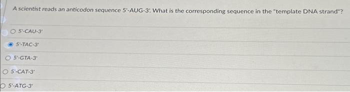 Solved A scientist reads an anticodon sequence 5'-AUG-3! | Chegg.com