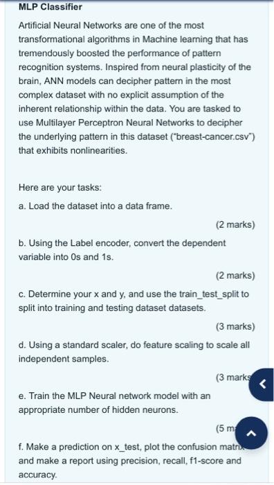 Solved MLP Classifier Artificial Neural Networks are one of | Chegg.com