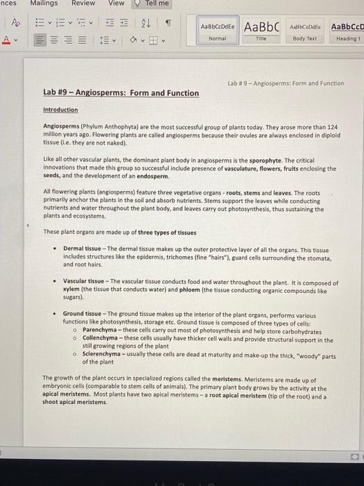 Solved Lab # 9-Angiosperms: Form and Function Lab #9 - | Chegg.com